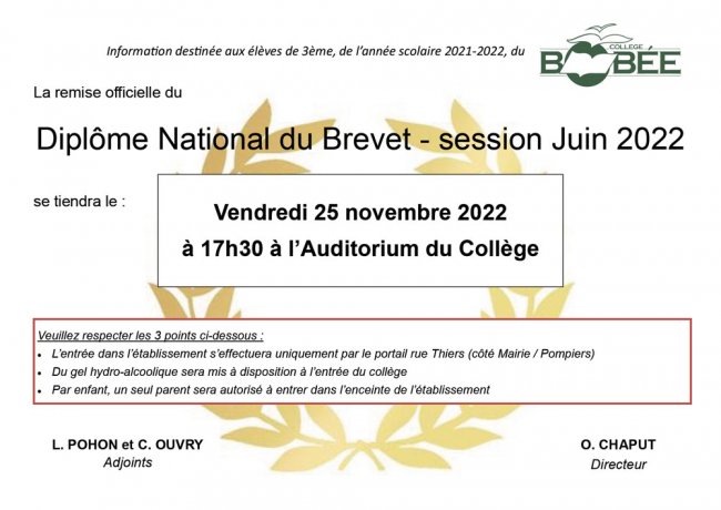 Remise officielle du Diplôme National du Brevet - session Juin 2022 ...